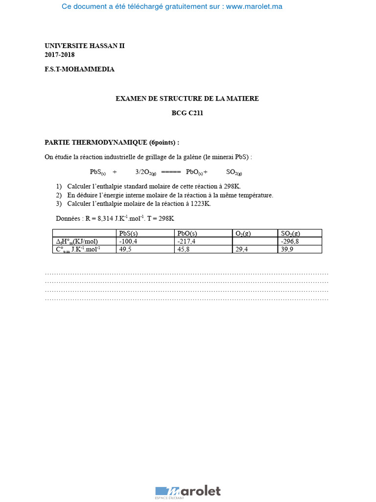 Examen de Structure de La Matière BCG S1 2017-2018 | PDF ...