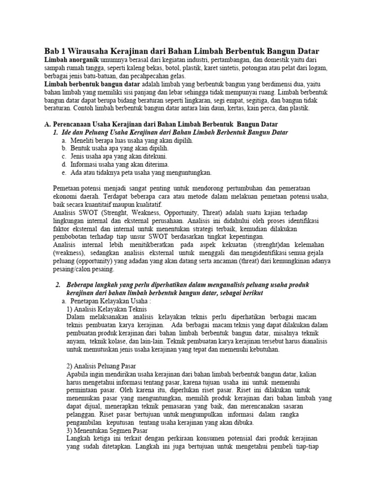 PKWU 11 Bab 1 Wirausaha Kerajinan Dari Bahan Limbah Berbentuk Bangun Datar | PDF