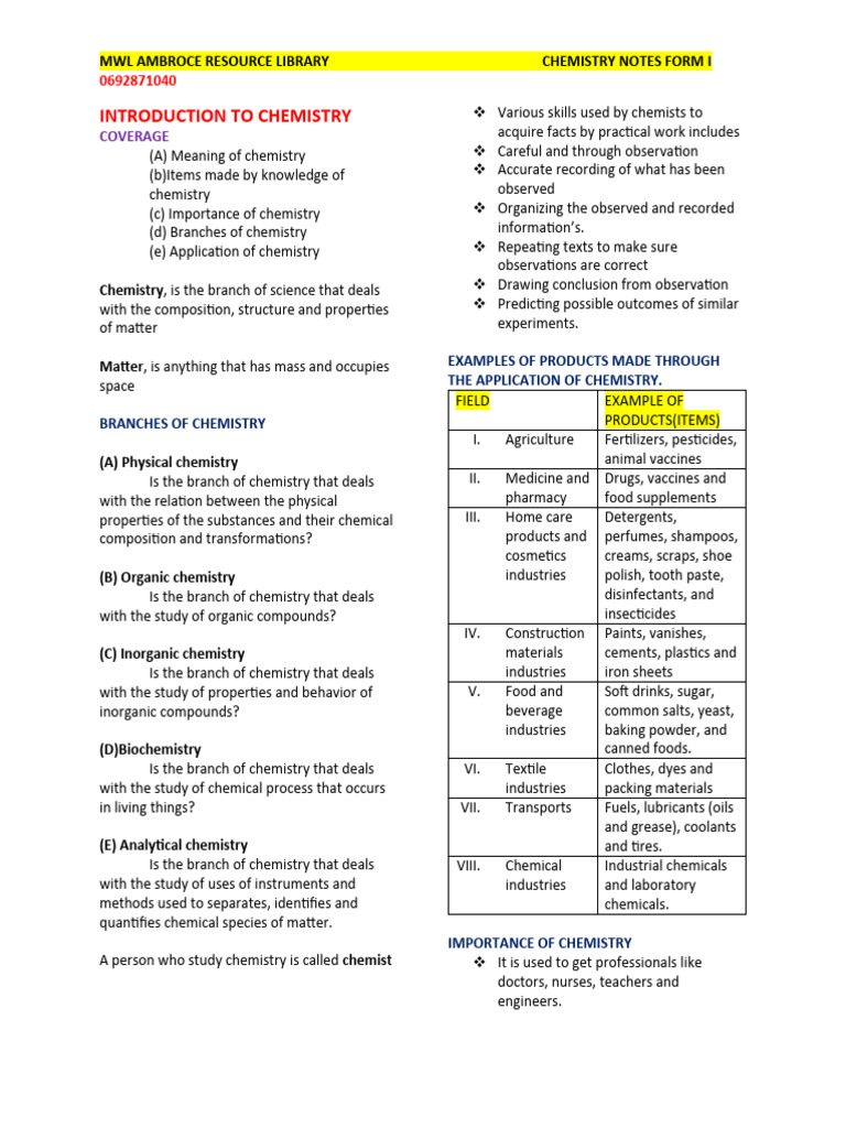 CHEMISTRY 1 FORM 1 INTRODUCTION TO CHEMISTRY | PDF | Chemistry ...