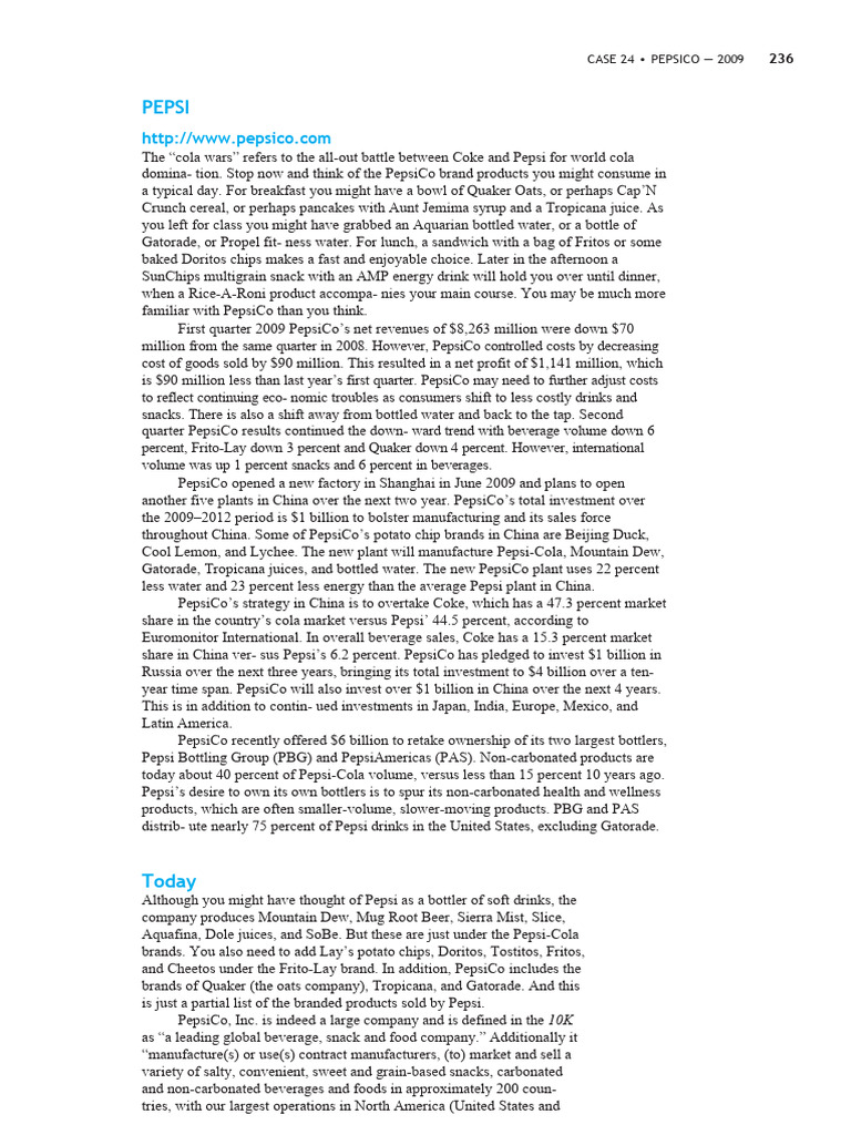 PepsiCo's 2009 Market Strategies and Challenges | PDF | Pepsi Co | Coca Cola