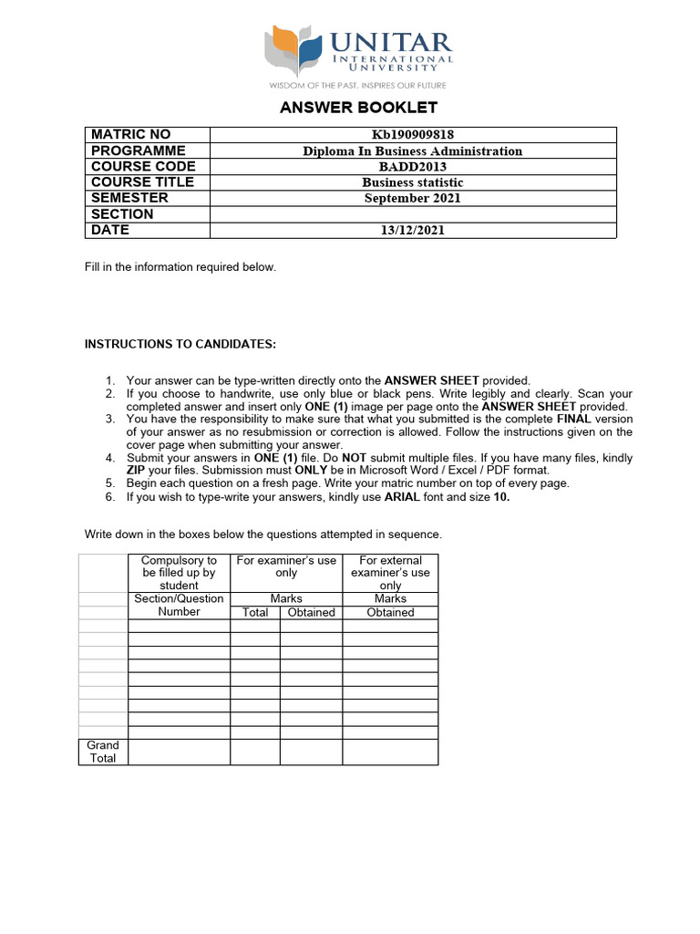 BADD2013 - Business Statistics - ANSWER SHEET - FE | PDF | Mode ...