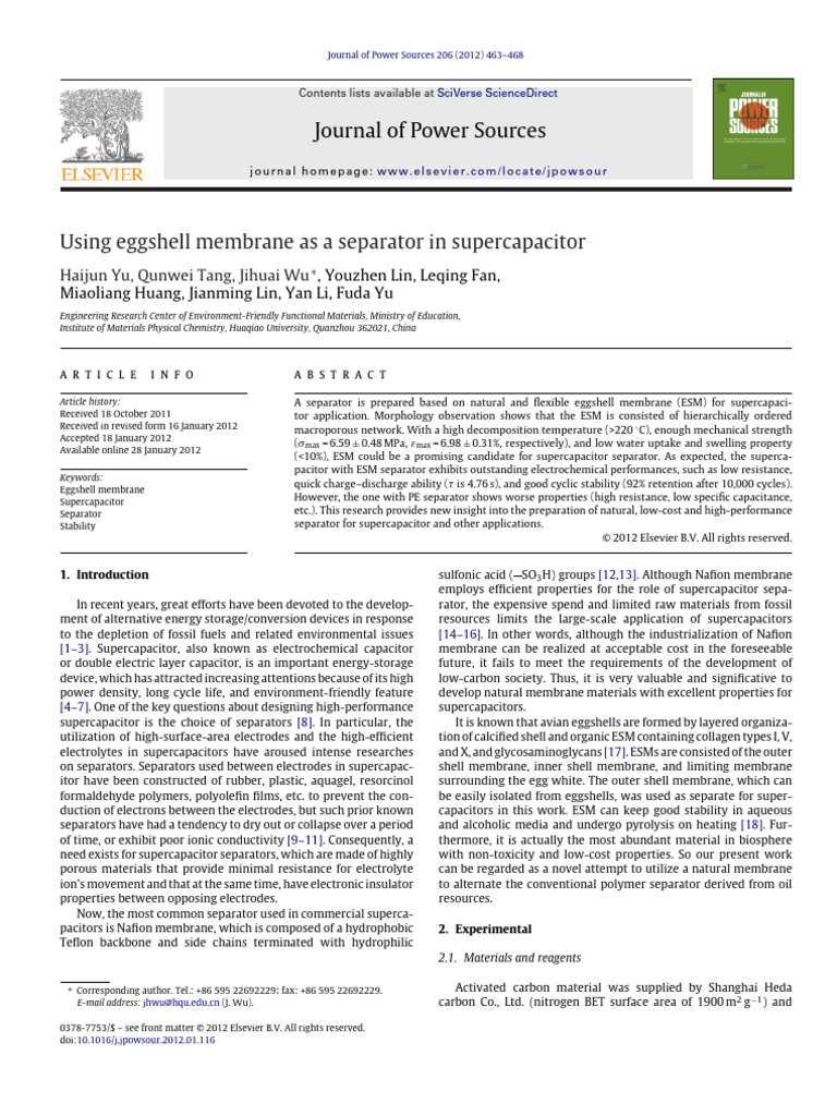 Using Eggshell Membrane As A Separator in Supercapacito | PDF