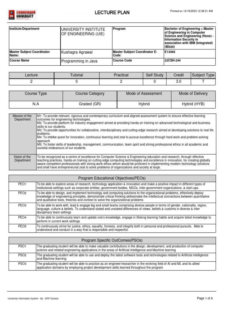 LecturePlan BI520 22CSH-244 | PDF | Engineering | Object (Computer Science)