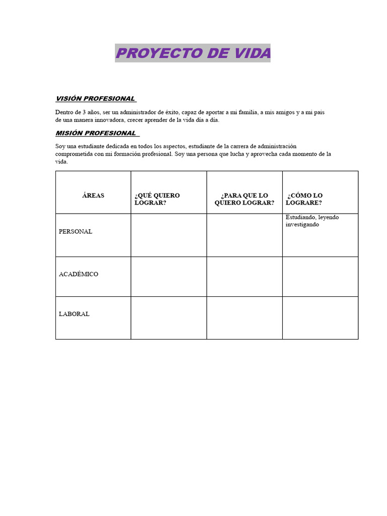 Proyecto de Vida Desarrollo Sheyla Vera | PDF