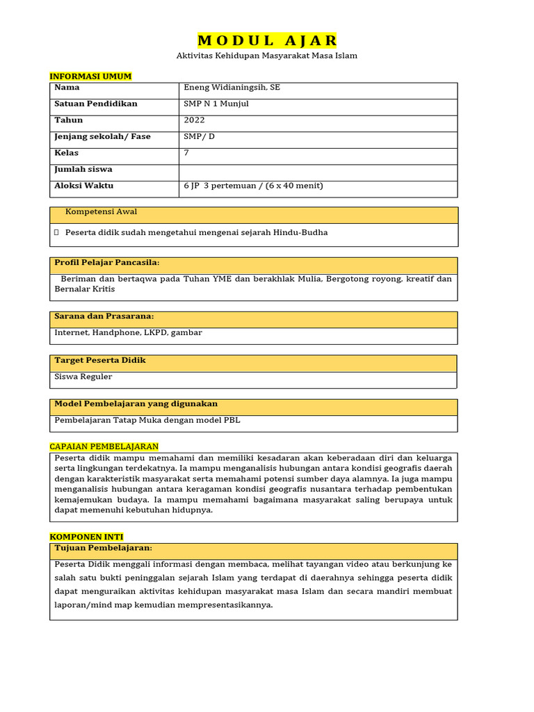 Modul Ajar Aktivitas Kehidupan Masyarakat Masa Islam | PDF