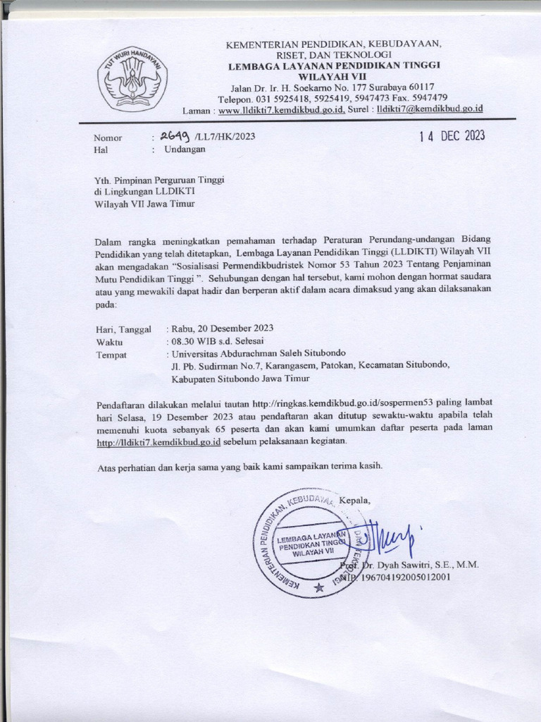 2023 12 14 Surat Undangan Sosialisasi Permendikbudristek Nomor 53 Tahun ... 2023 12 14 Surat Undangan Sosialisasi Permendikbudristek Nomor 53 Tahun ...