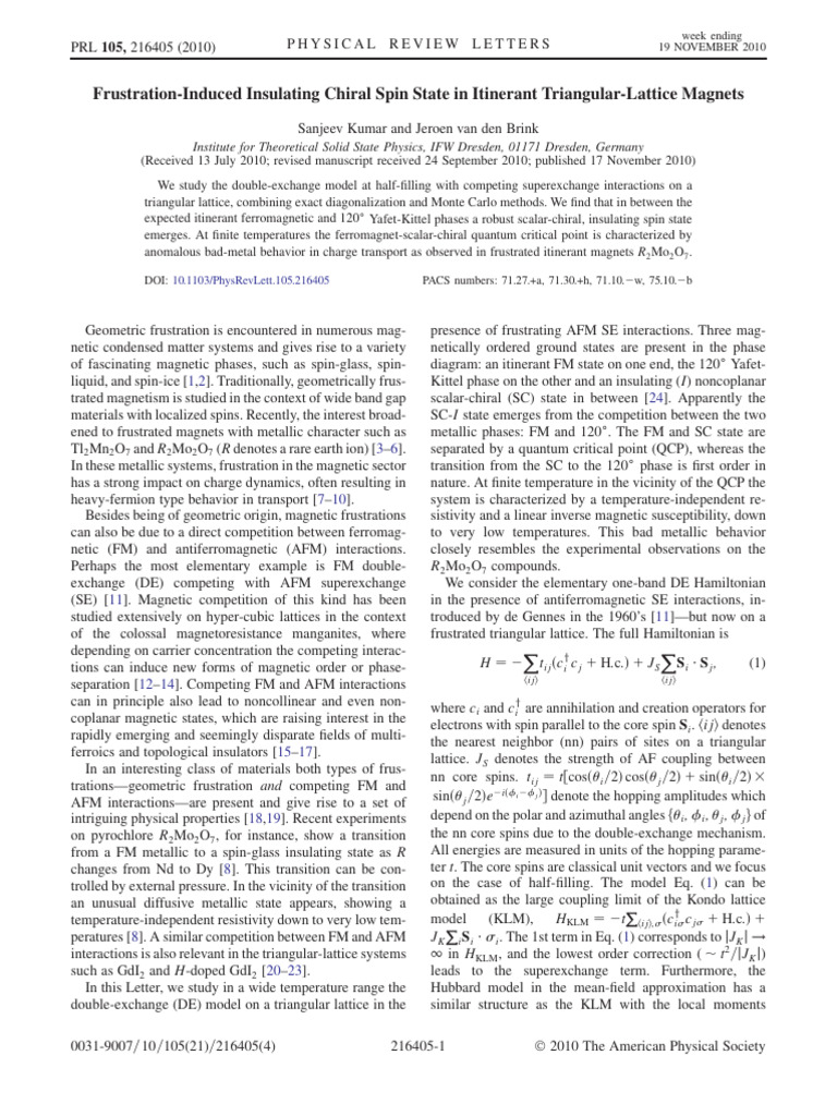Frustration-Induced Insulating Chiral Spin State in Itinerant Triangular-Lattice Magnets | PDF ...