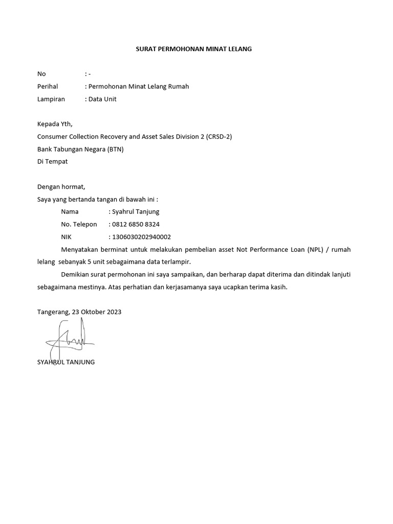 Permohonan Lelang Rumah BTN | PDF