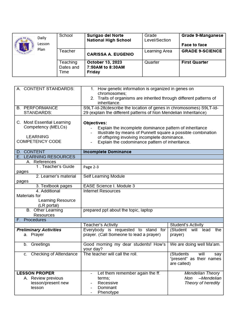 Non-Mendelian Inheritance Lesson Plan | PDF | Dominance (Genetics ...