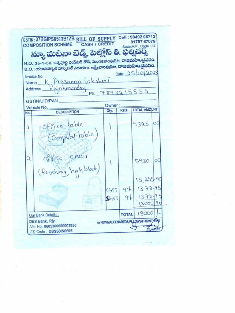Table and Chair Receipt | PDF