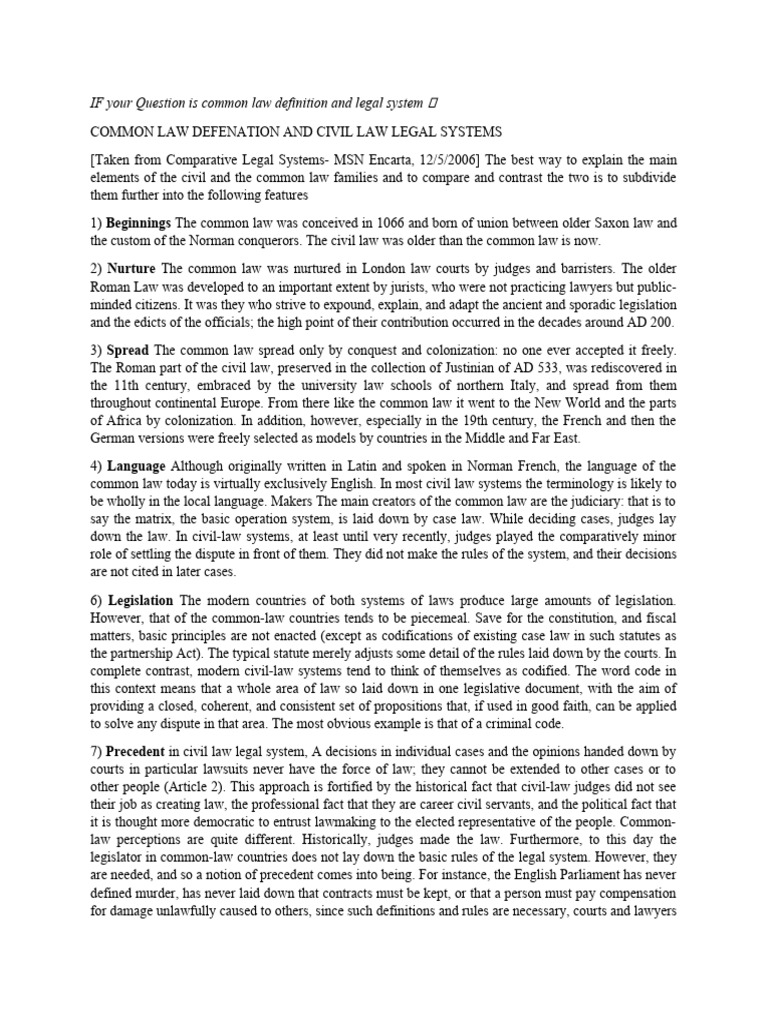 Common Law and Civil Law Legal Systems Compared | PDF | Common Law ...