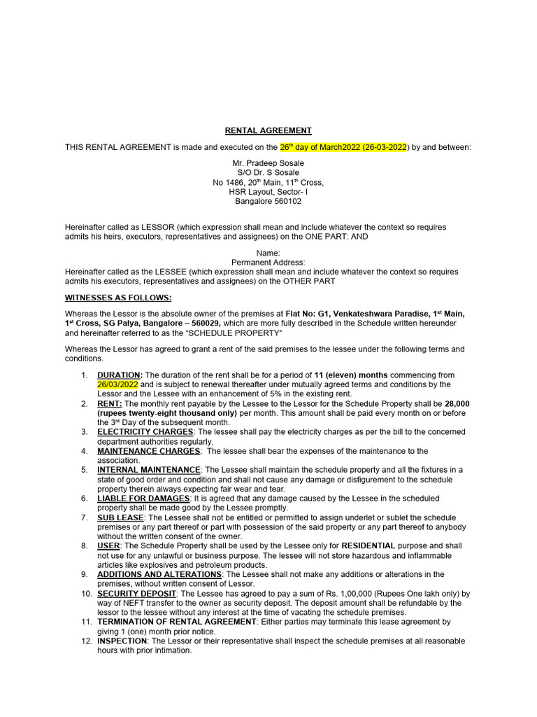 Rental Agreement - 2022 - Draft | PDF | Lease | Real Property Law