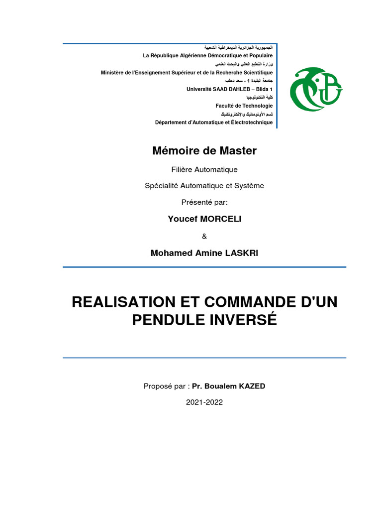 Commande d'un Pendule Inversé Mobile | PDF | Pendule (physique ...