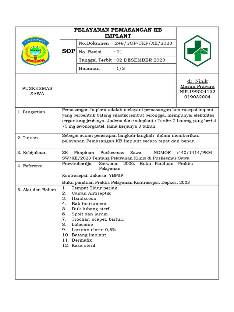Prosedur Pemasangan KB Implant di Puskesmas | PDF