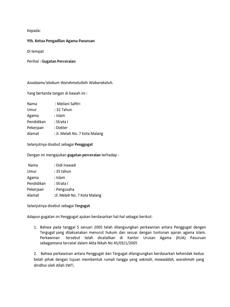 Contoh Surat Gugatan Cerai | PDF