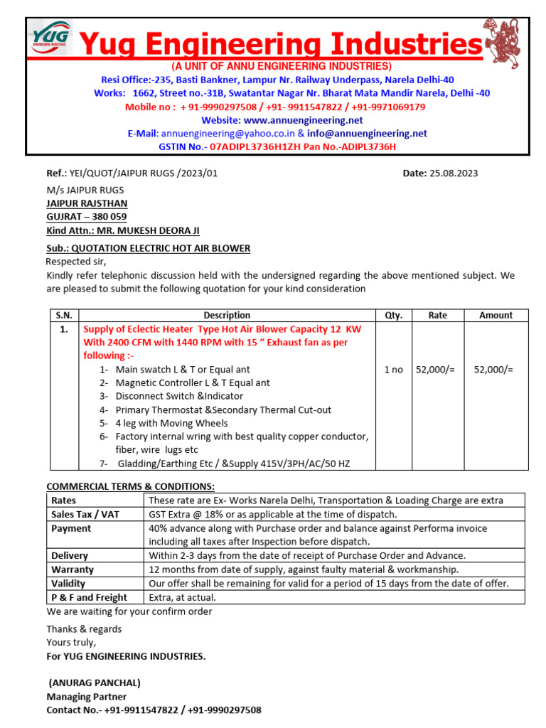 Quotation Jaipur Rug 12 KW Hot Air Blower Yug | PDF | Value Added Tax | Electric Power