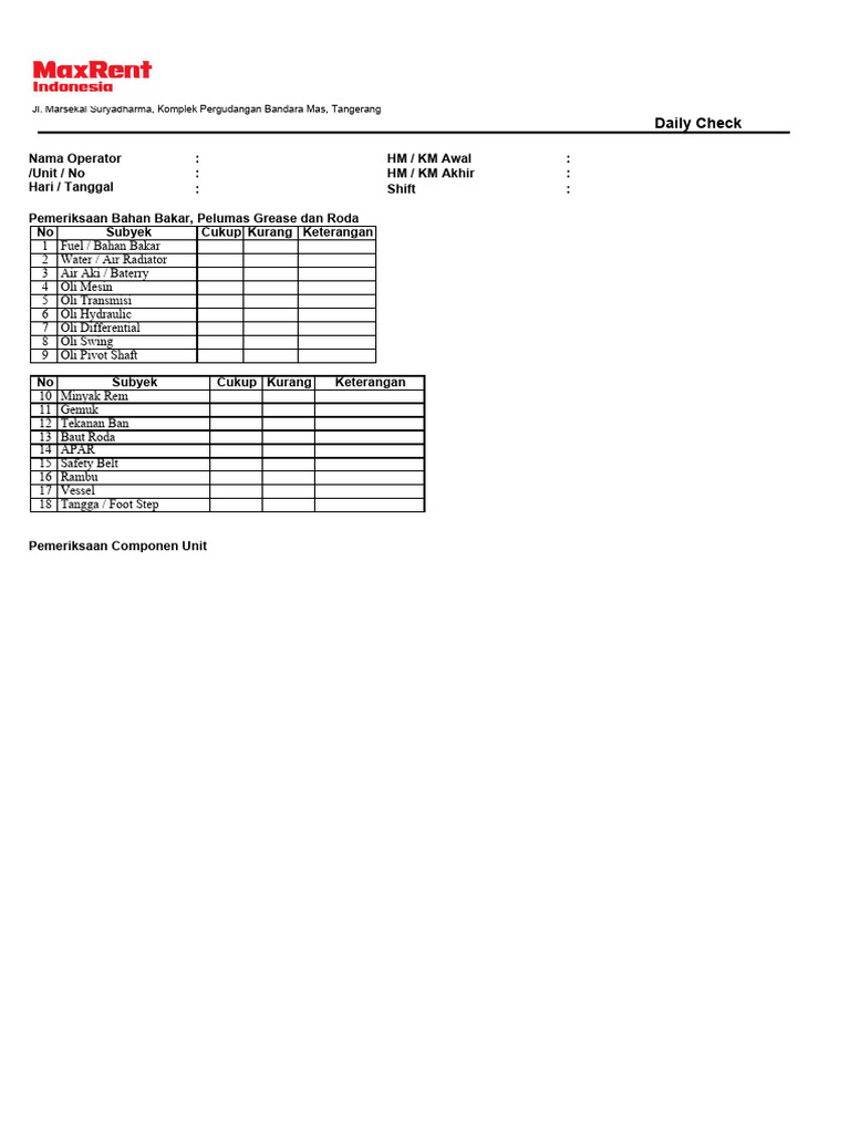 Checklist Harian Alat | PDF