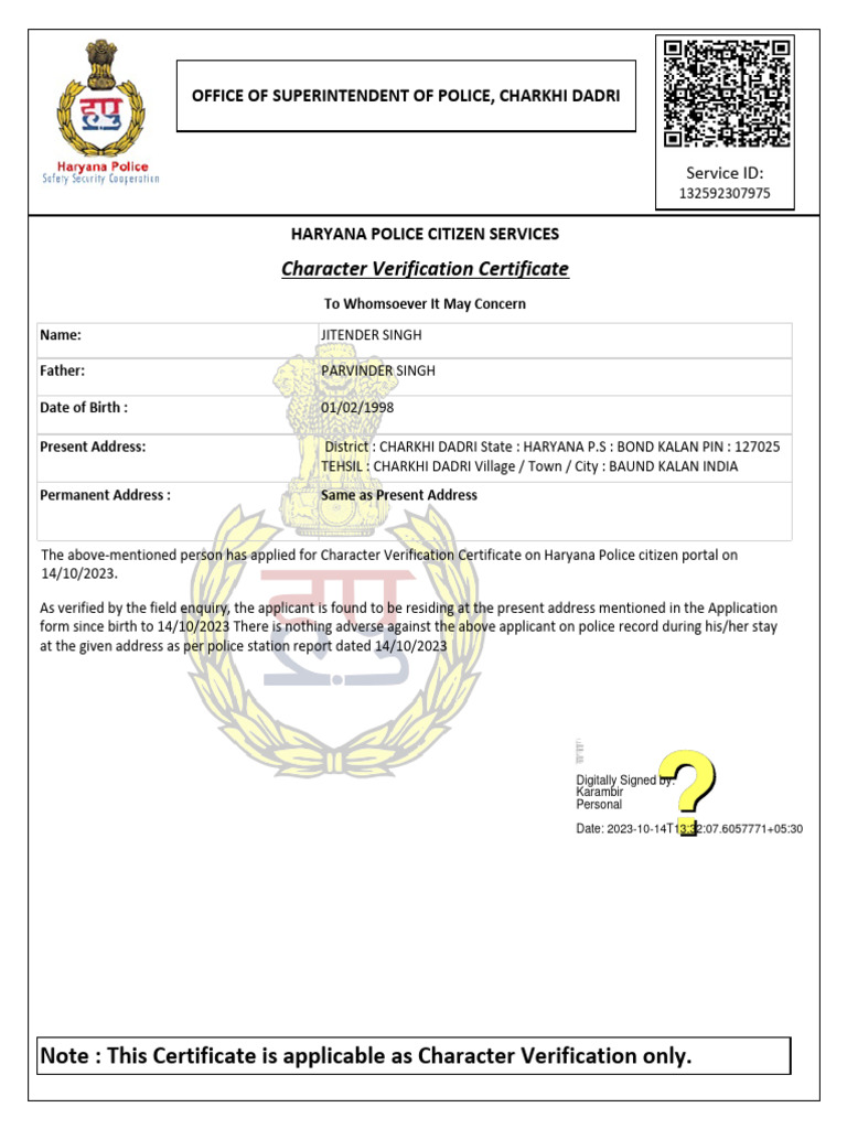 Character Verification Certificate: Office of Superintendent of Police ...