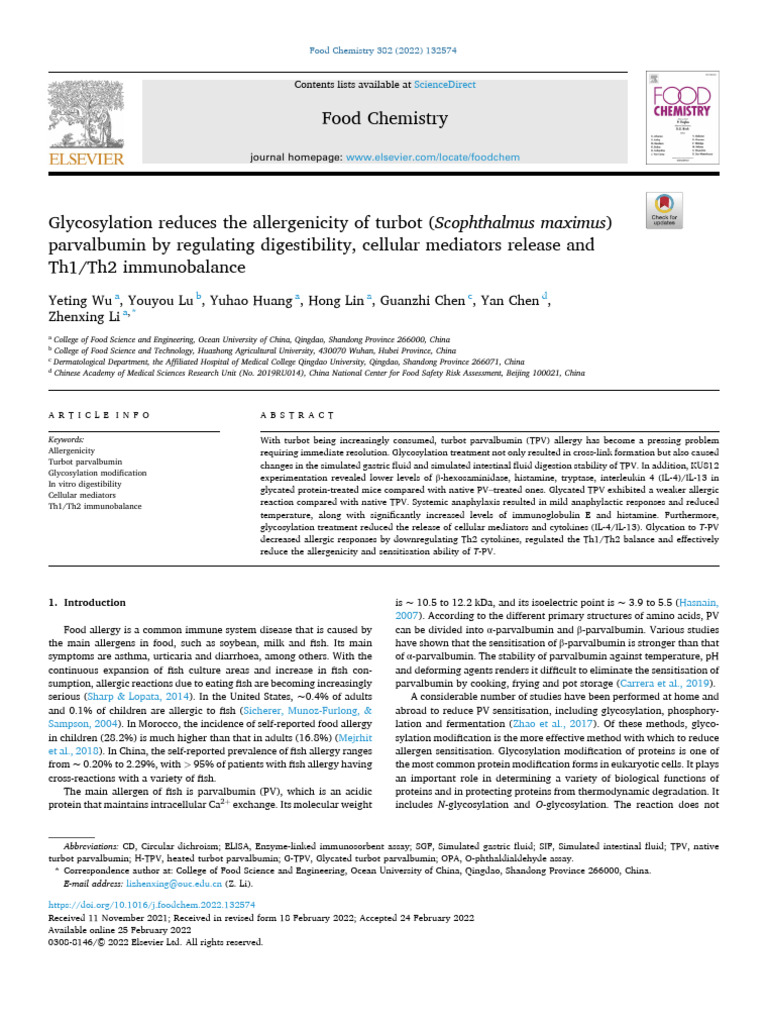 Food Chemistry: Yeting Wu, Youyou Lu, Yuhao Huang, Hong Lin, Guanzhi ...