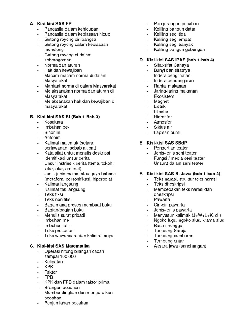 Kisi-Kisi SAS Kelas 5 | PDF | Kajian Bahasa Asing
