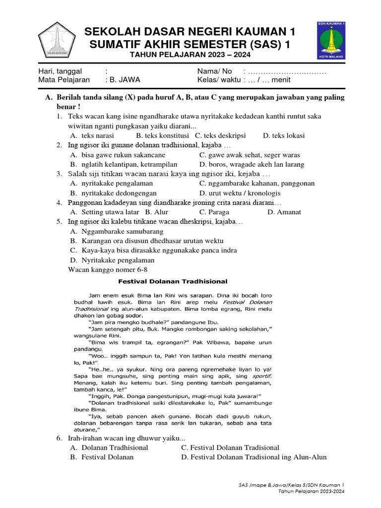 Soal SAS BJ Kelas 5 Sem 1 | PDF