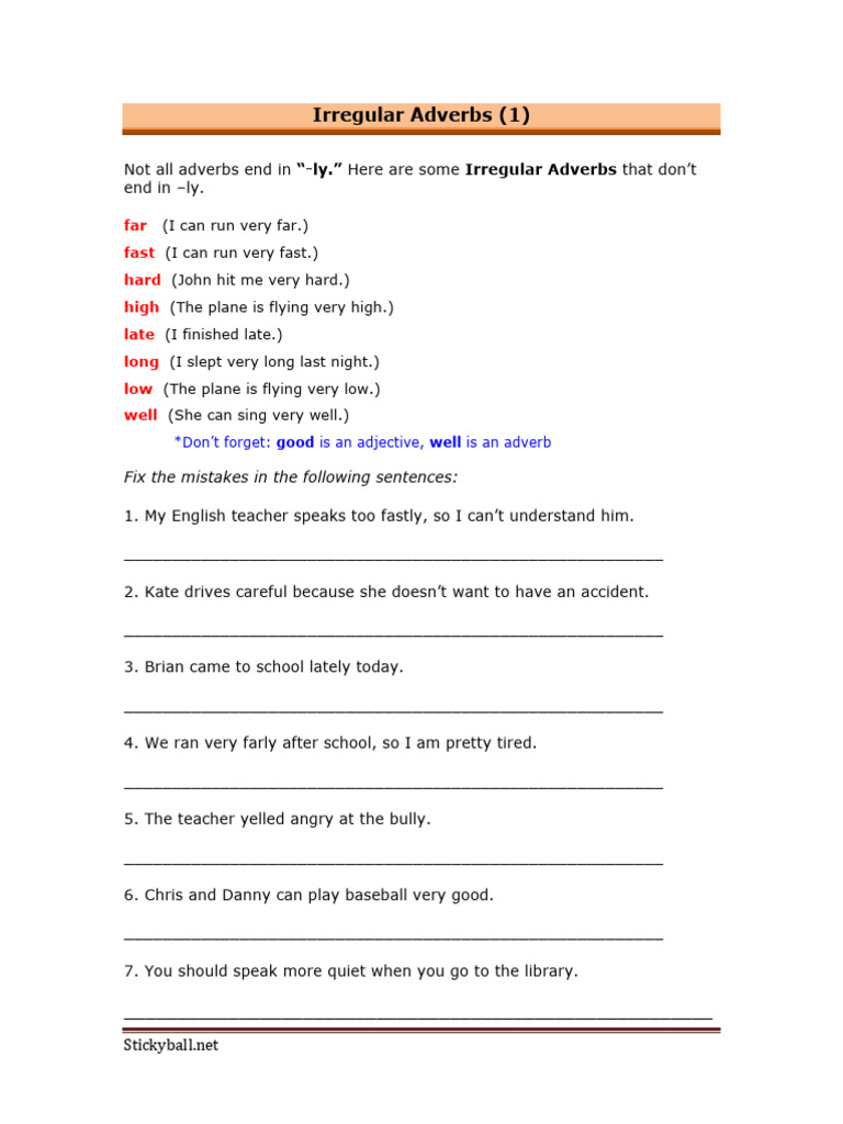 Irregular Adverbs for ESL Learners | PDF | Foreign Language Studies ...