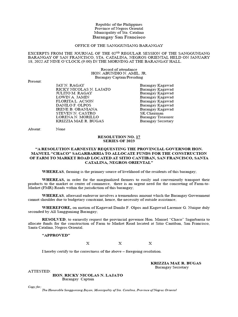 Barangay Resolution for Road Funds | PDF | Philippines