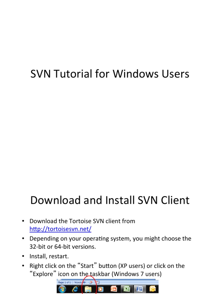 SVN Tutorial Windows | PDF | Directory (Computing) | Microsoft Windows SVN Tutorial Windows | PDF | Directory (Computing) | Microsoft Windows