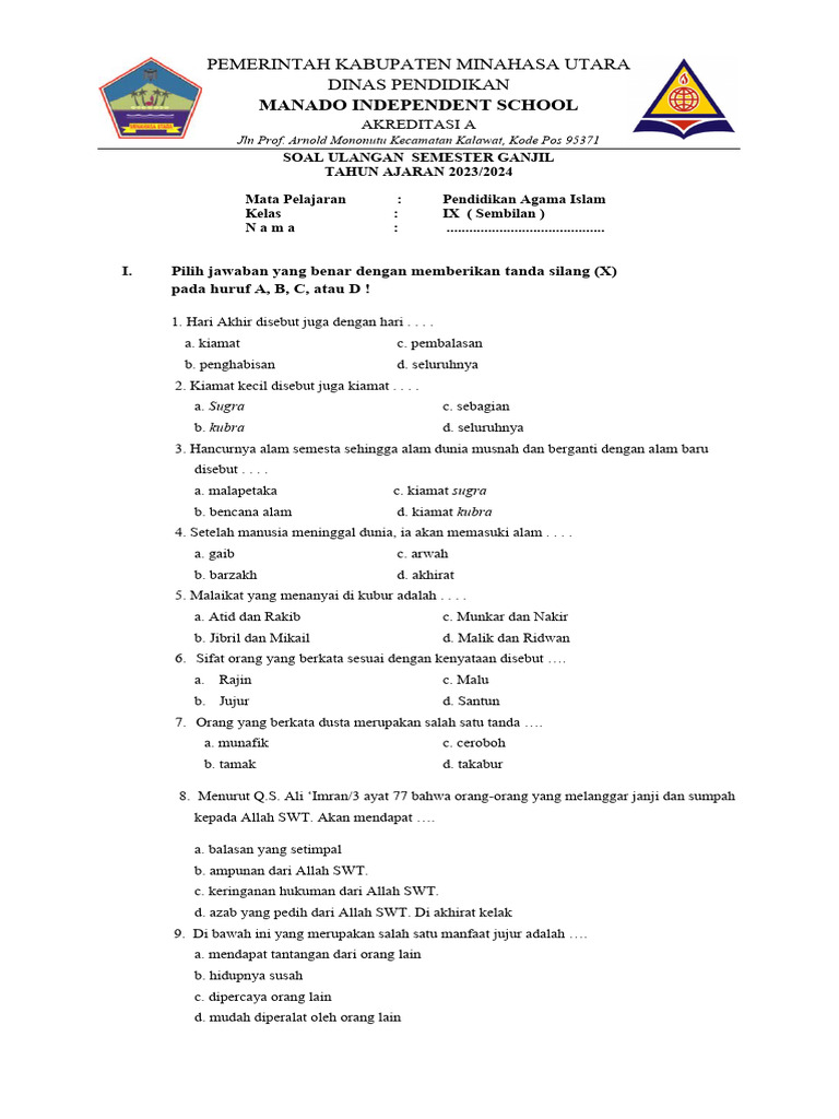 Soal Ulangan Pai - KLS 9 - Semester Ganjil Tp. 2023-2024 Mis | PDF