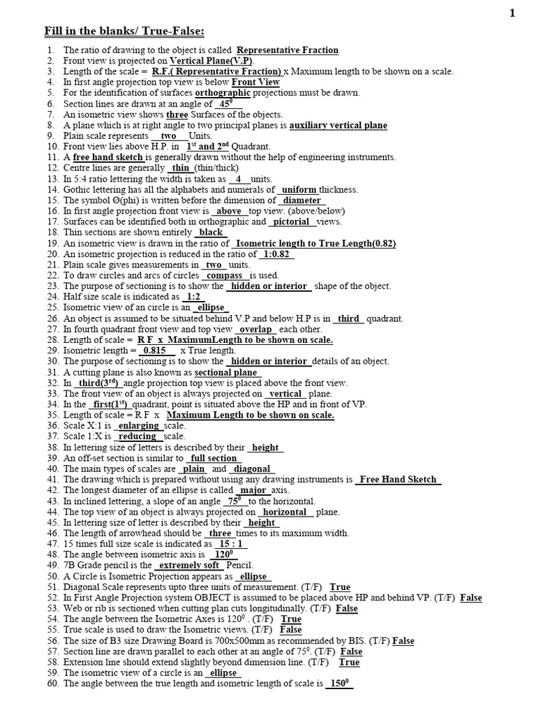 Fill in The Blanks Engg. Drawing-I With Answers | PDF