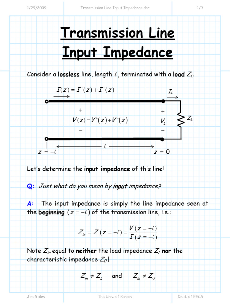 Transmission Line Input Impedance | PDF | Transmission Line | Electrical Impedance