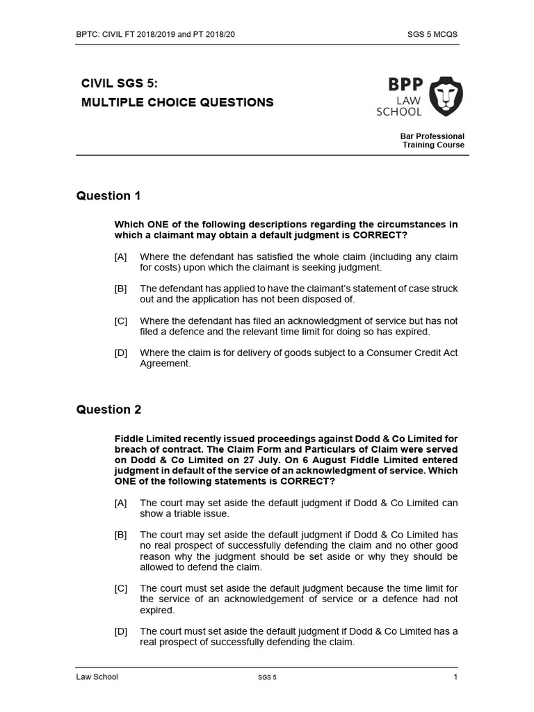 Civil SGS 5 MCQs FT 18-19 PT 18-20 | PDF | Default Judgment | Judgment (Law)