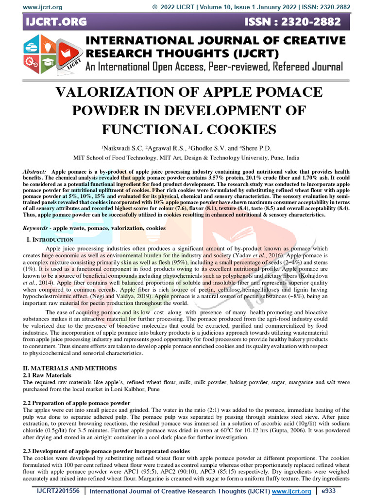 Valorization of Apple Pomace Powder in Development of Functional Cookie ...