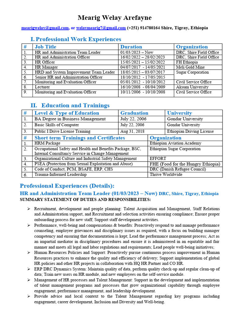 Mearig Welay CV - HR Management Positions | PDF | Human Resource ...