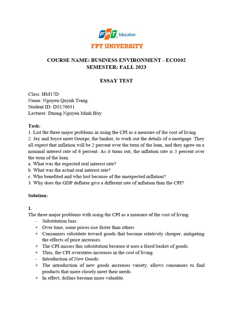 Essay Test | PDF | Cost Of Living | Inflation