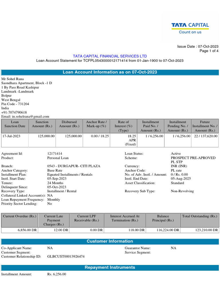 TATA Capital Loan Statement Summary | PDF | Loans | Debits And Credits