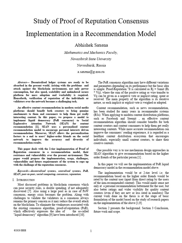 Study of PoR Consensus Implementation in A Recommendation Model | PDF