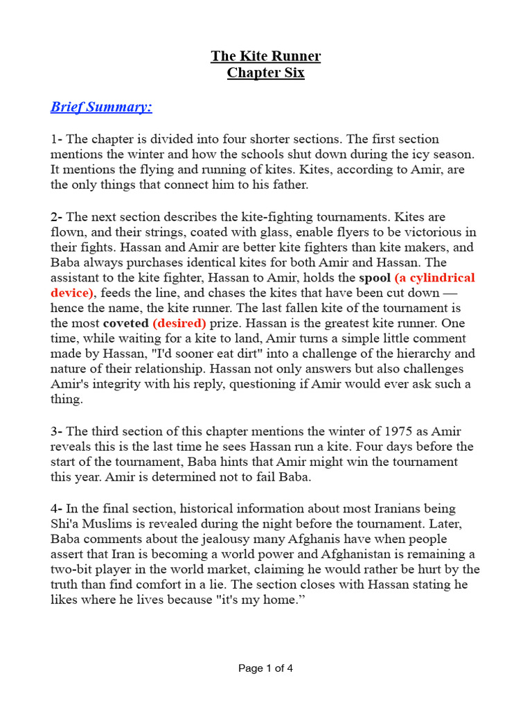 Chapter 6 Summary of The Kite Runner | PDF | Classics