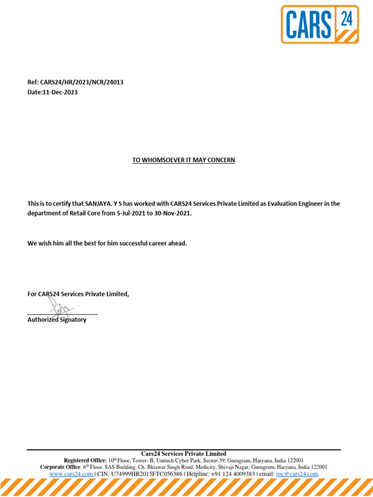 Cars24 Experiance Letter | PDF