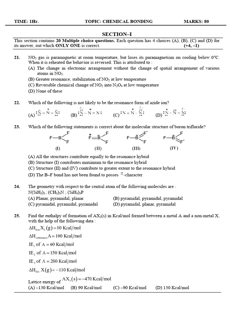 Chemical Bonding Exam Questions | PDF | Chemical Bond | Molecules