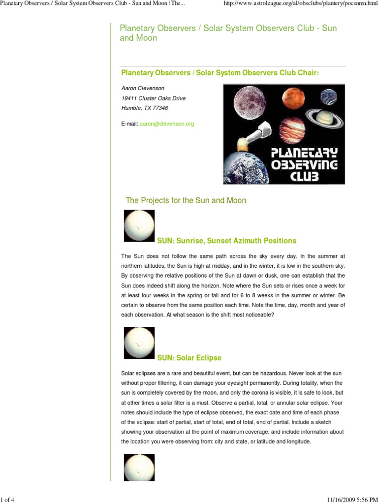 Astronomy - Astronomical League - Planetary Observer's Club - 2 - Projects For The Sun and Moon ...