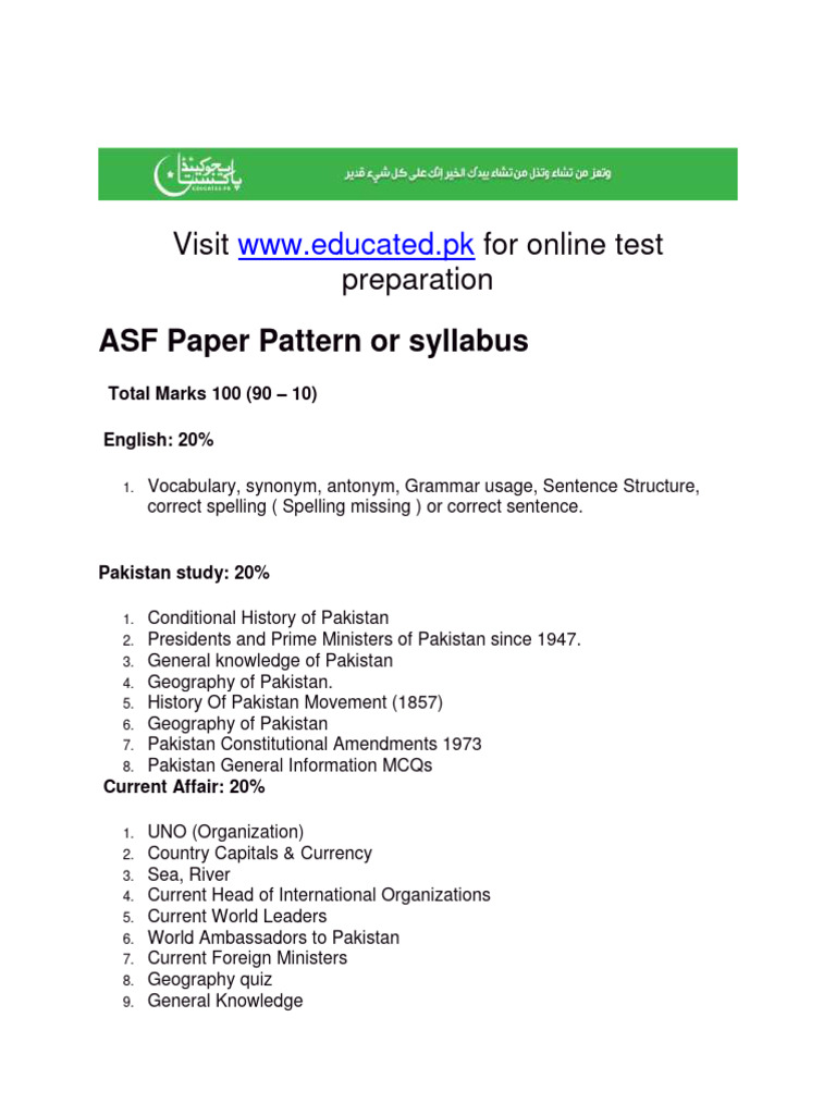 ASF Paper Pattern or syllabus | PDF