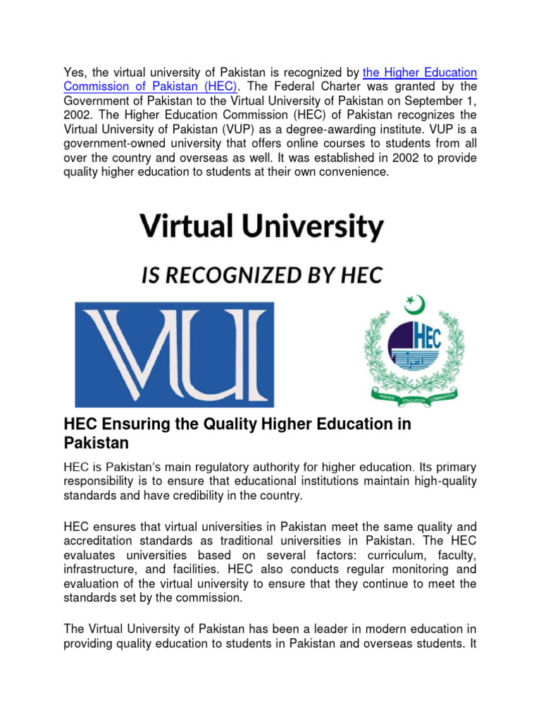 Virtual University of Pakistan: HEC Recognition | PDF