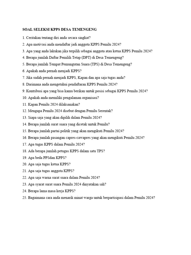 Soal Wawancara Seleksi KPPS | PDF