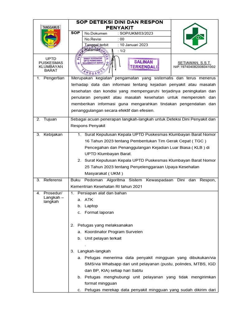 SOP SURVELEN Deteksi Dini Dan Respon Penyakit | PDF