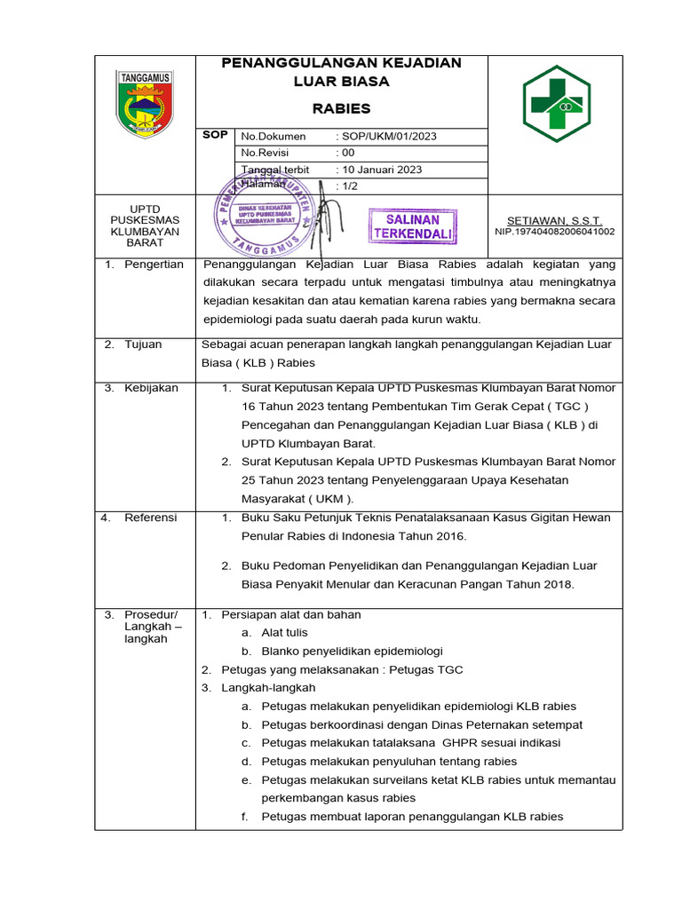 SOP Penanggulangan KLB Rabies | PDF