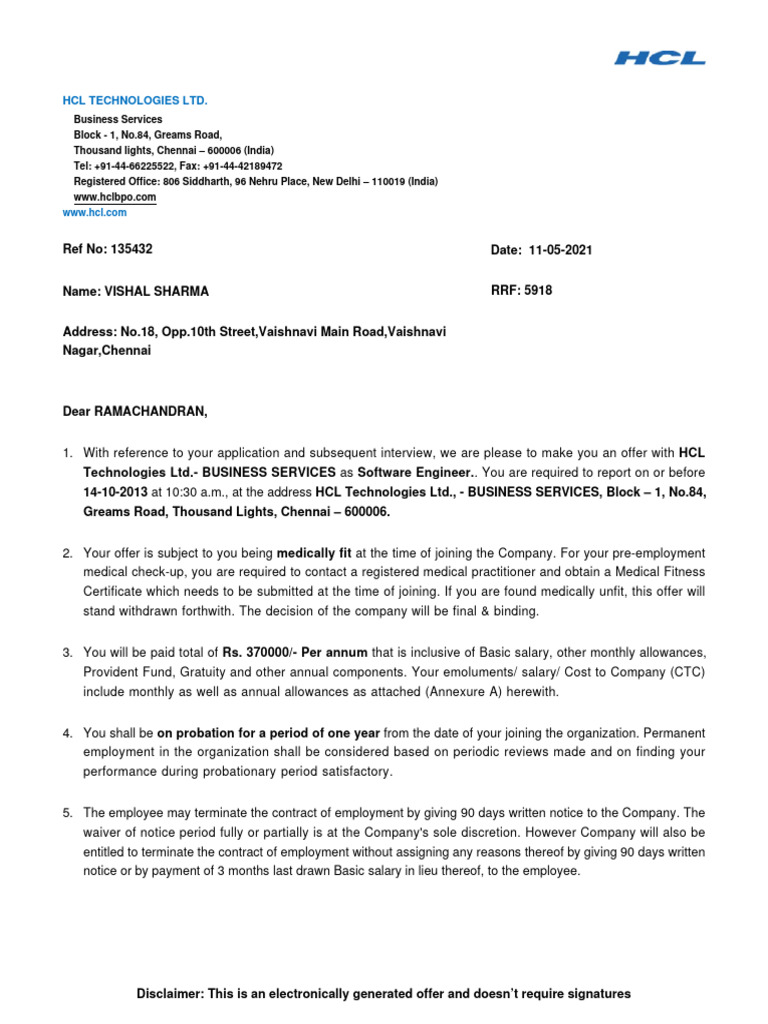 HCL Offer Letter Vishal | PDF