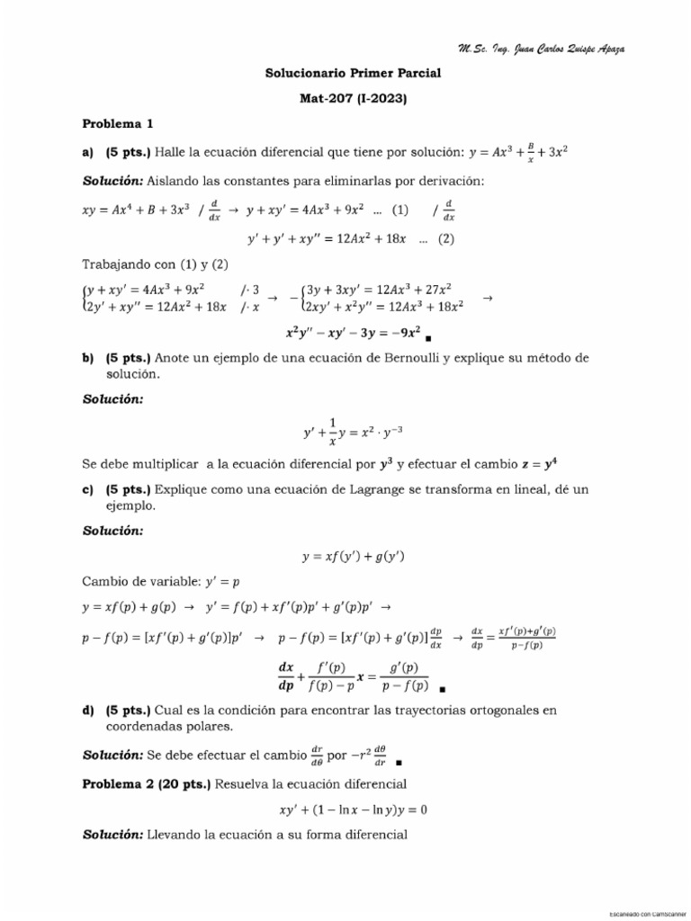 Solucionario Primer Parcial Mat-207 (I-2023) | PDF