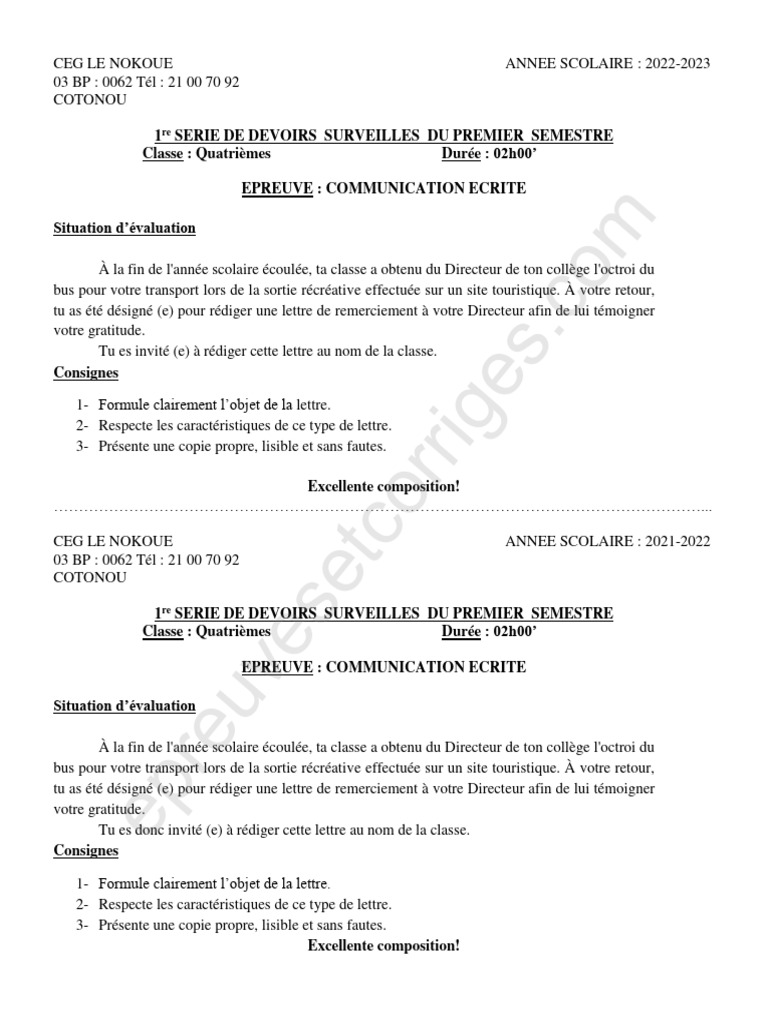 1er Devoir Du 1er Semestre Communication Écrite 4ème 2022-2023 Ceg Le Nokoue | PDF