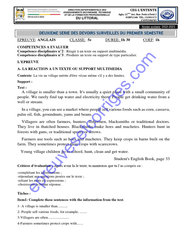 Anglais 5eme, Deuxieme Devoir Du Premier Semestre 2022-2023 Ceg L'entente | PDF | Agriculture